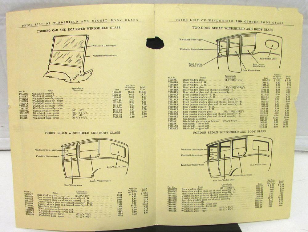 Original 1915-1924 Ford Dealer Windshield & Closed Body Glass Price List