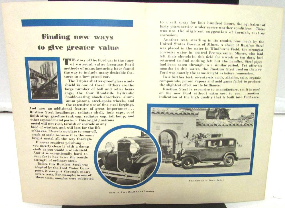 1931 Ford Dealer Sales Brochure Folder Rustless Steel Feature Of The ...