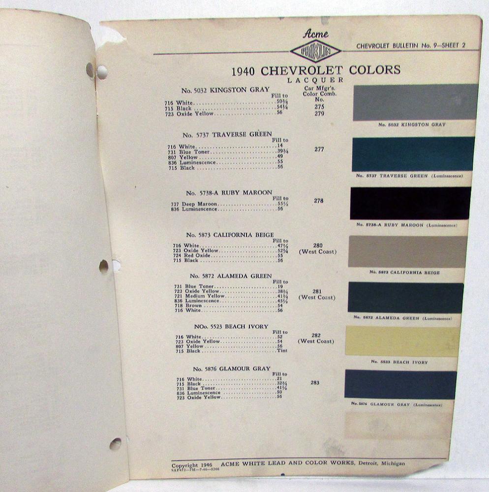 1940 Chevrolet Colors Paint Chips Binder Sheets by Acme Original