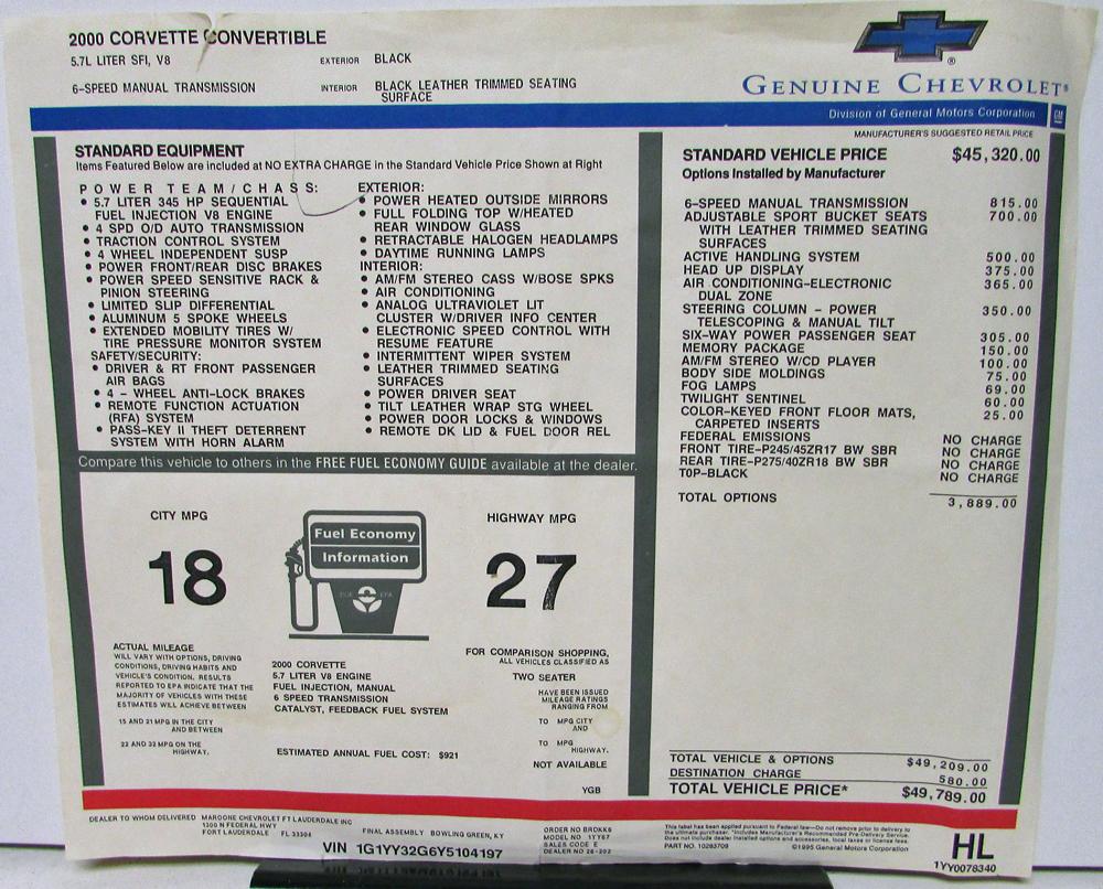 1962 Corvette Window Sticker