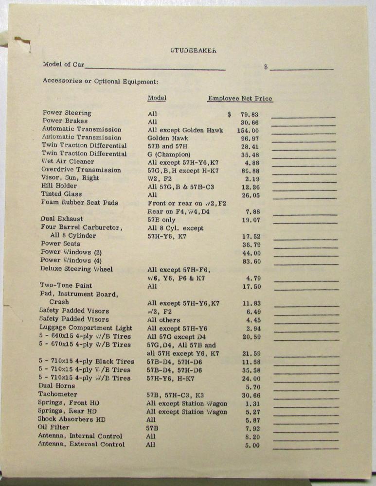 1957 Studebaker & Packard Dealer Accessory List Employee Worksheet NJ ...