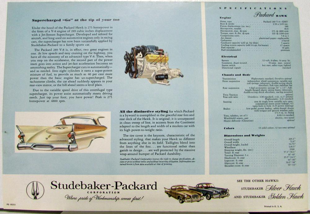 1958 Studebaker Packard Hawk Color Data Sheet Original