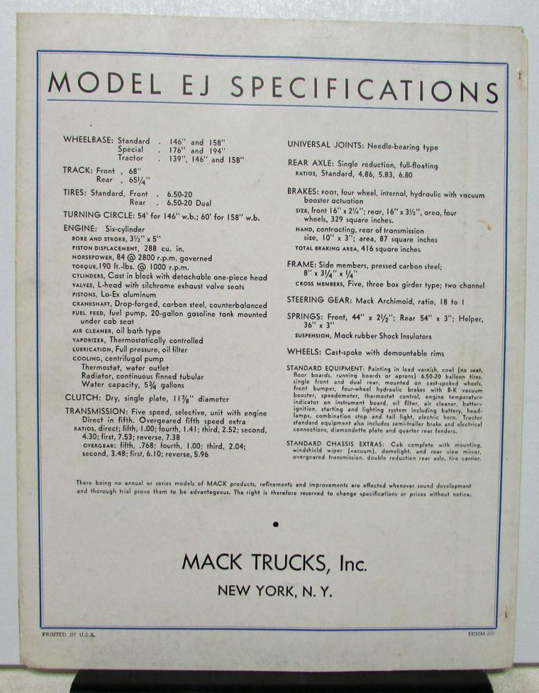1937 Mack Truck EJ Model Sales Brochure