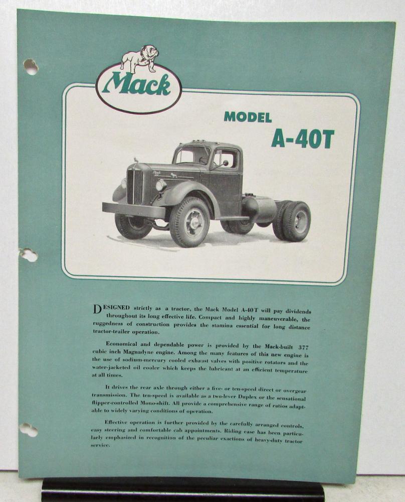 1952 Mack Truck Model A 40T Specification Sheet