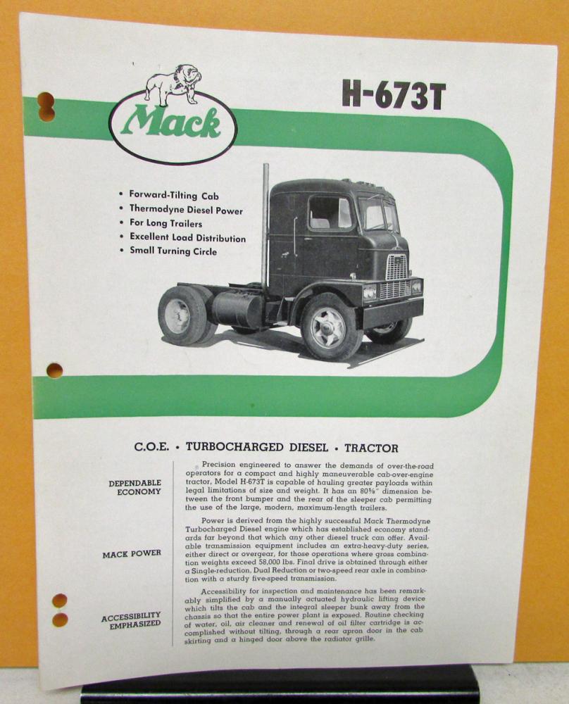 1958 Mack Truck Model H 673T Specification Sheet