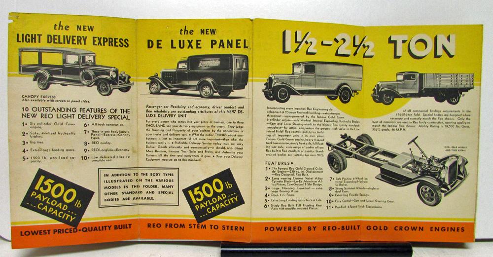 1928 REO Multi Fold Sales Brochure Half Ton to 6 Ton
