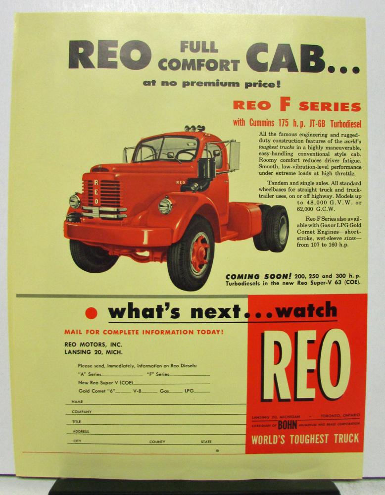 1950 REO Truck Model A Series Sales Brochure Features 96 inch Cab