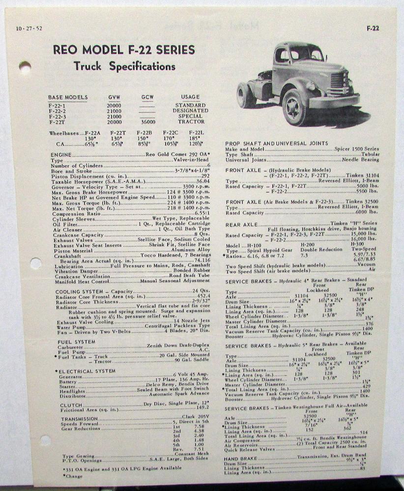1953 REO Truck Model F 22 Specification Sheet