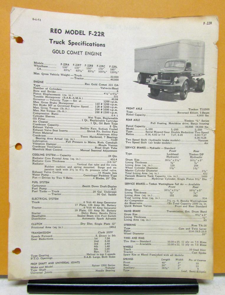 1952 REO Truck Model F 22R Specification Sheet