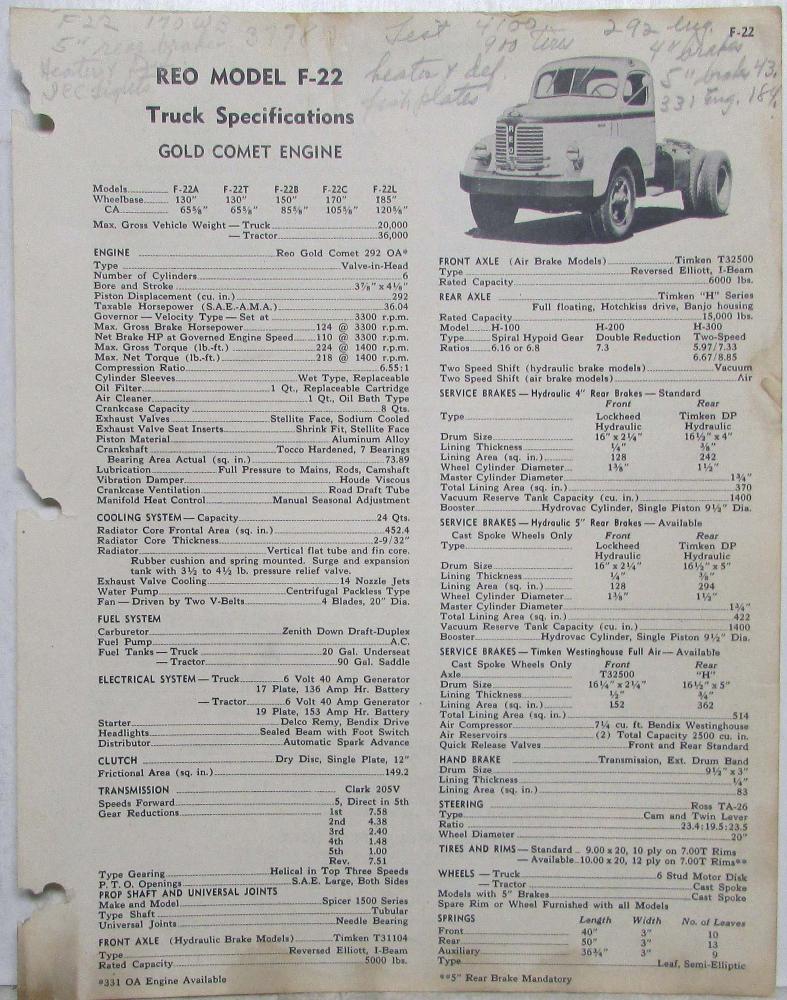 1952 REO Truck Model F-22 Specification Sheet