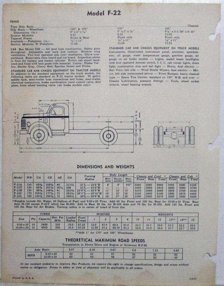 1952 REO Truck Model F-22 Specification Sheet