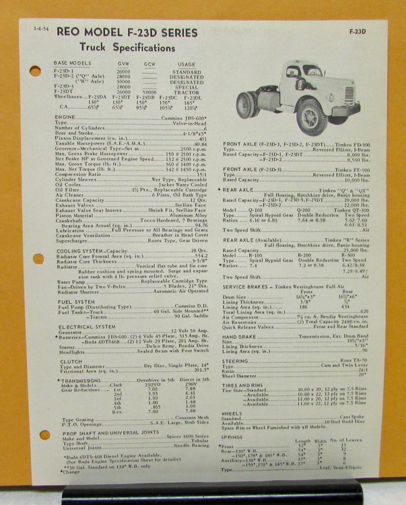 1954 REO Truck Model F 23D Specification Sheet