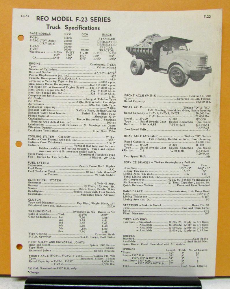 1954 REO Truck Model F 23 Specification Sheet