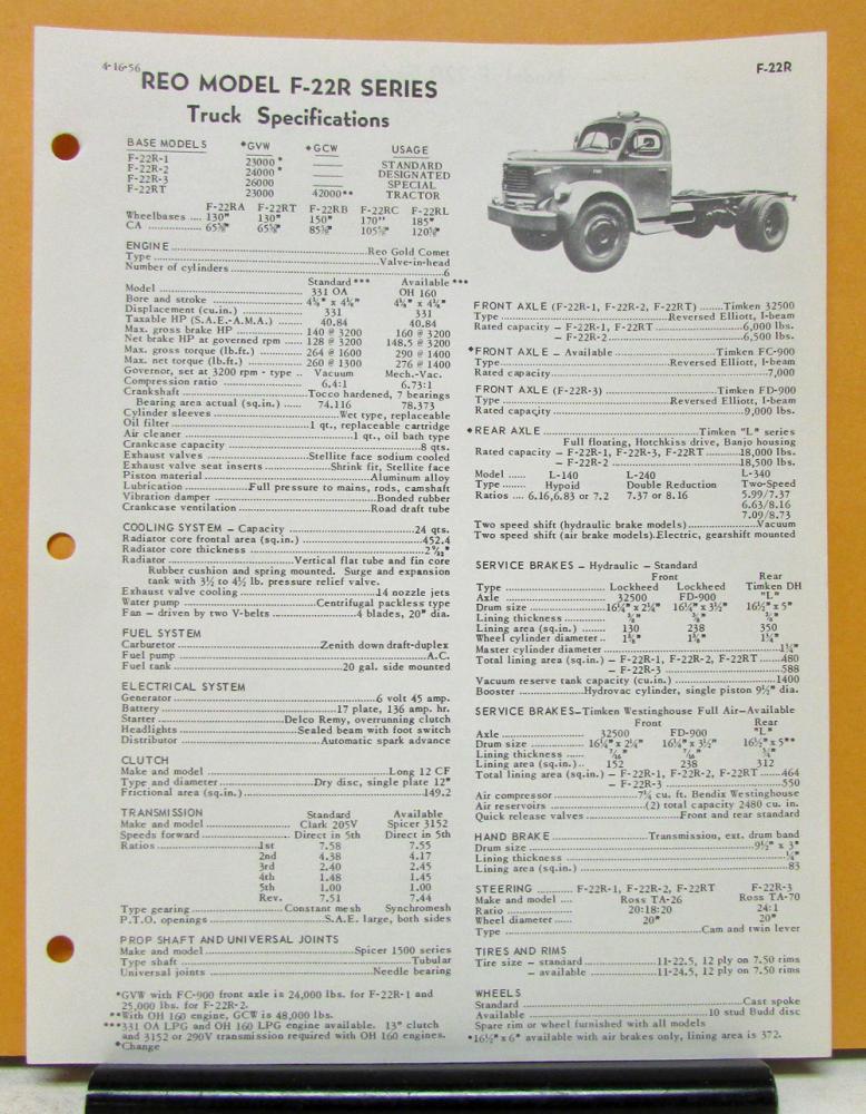 1956 REO Truck Model F 22R Specification Sheet