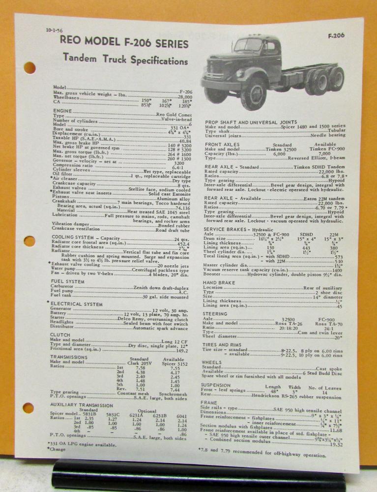 1957 REO Truck Model F 206 Specification Sheet