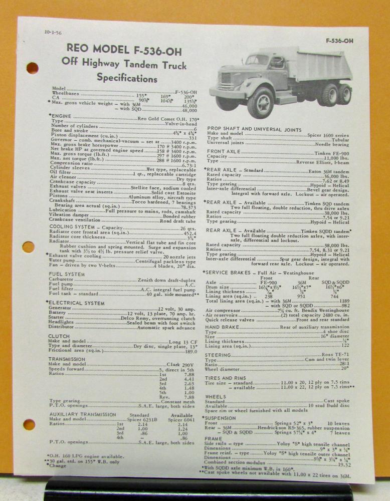1957 REO Truck Model F 536 OH Specification Sheet