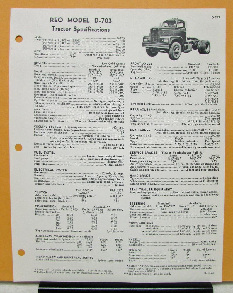 1961 REO Truck Model D 703 Specification Sheet