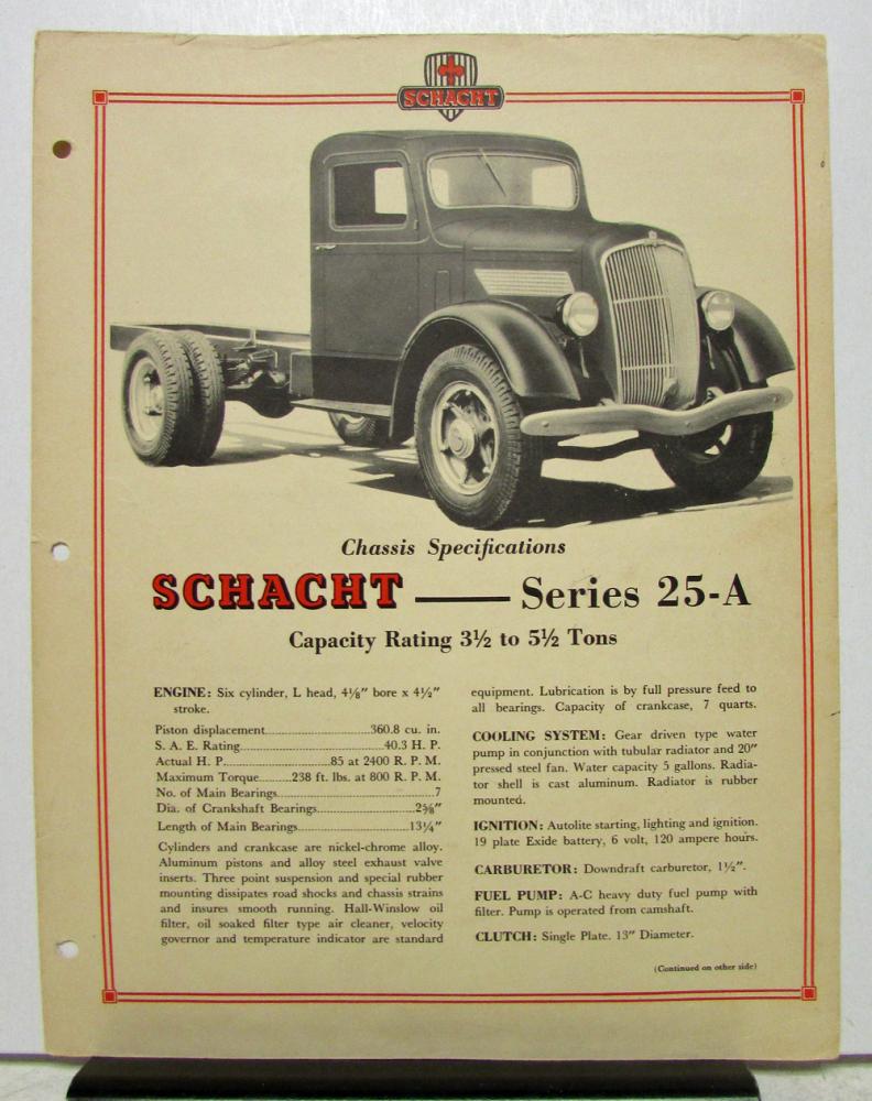 1937 Schacht Truck Series Model 25 A Specification Sheet