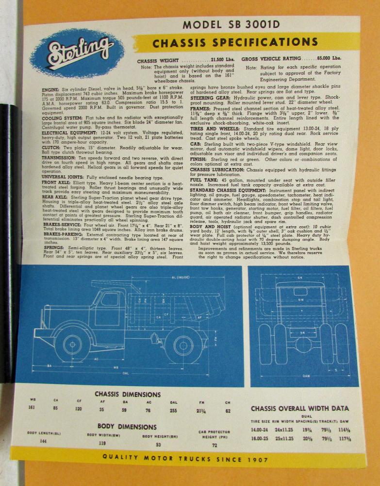 1948 Sterling Truck Model SB 3001D Specification Sheet