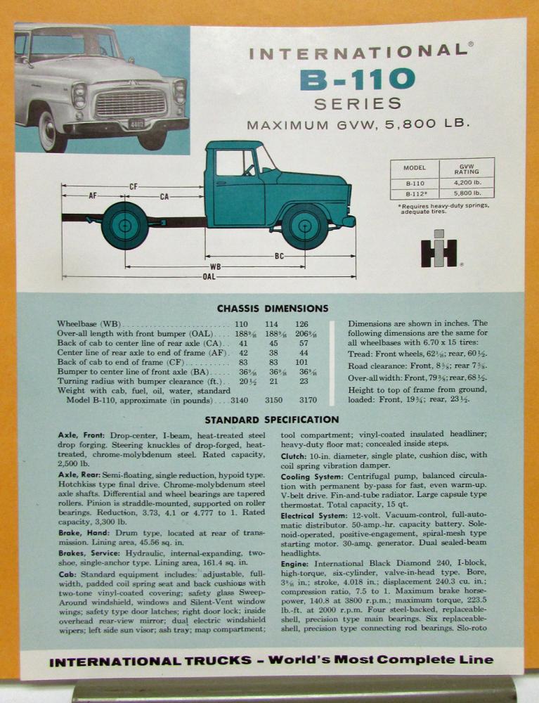 1959 International Harvester Truck Model B 110 Specification Sheet
