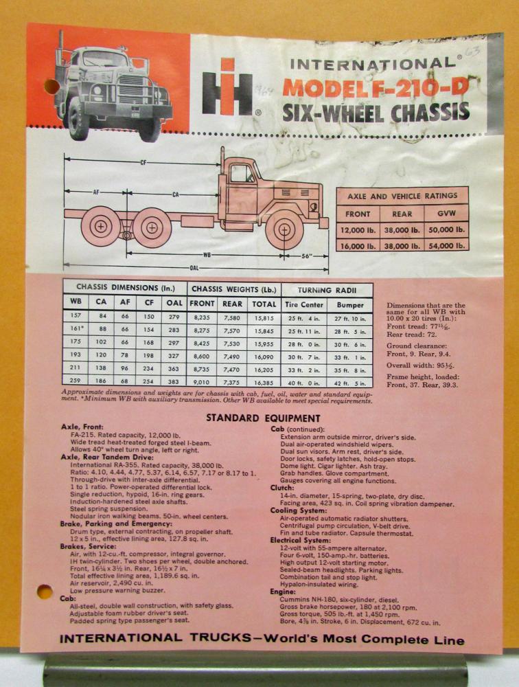 1963 1964 International Harvester Truck Model F 210 D Specification Sheet