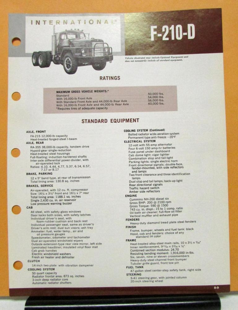 1969 International Harvester Truck Model F 210 D Specification Sheet