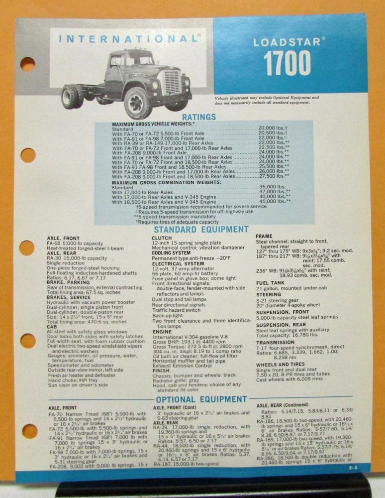1969 1970 International IHC Loadstar Truck Model 1700 Specification Sheet