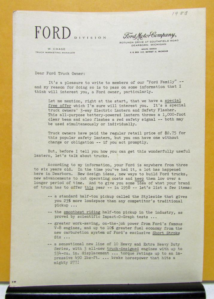1958 Ford Truck Sales Letter and Free 3 Way Electric Lantern