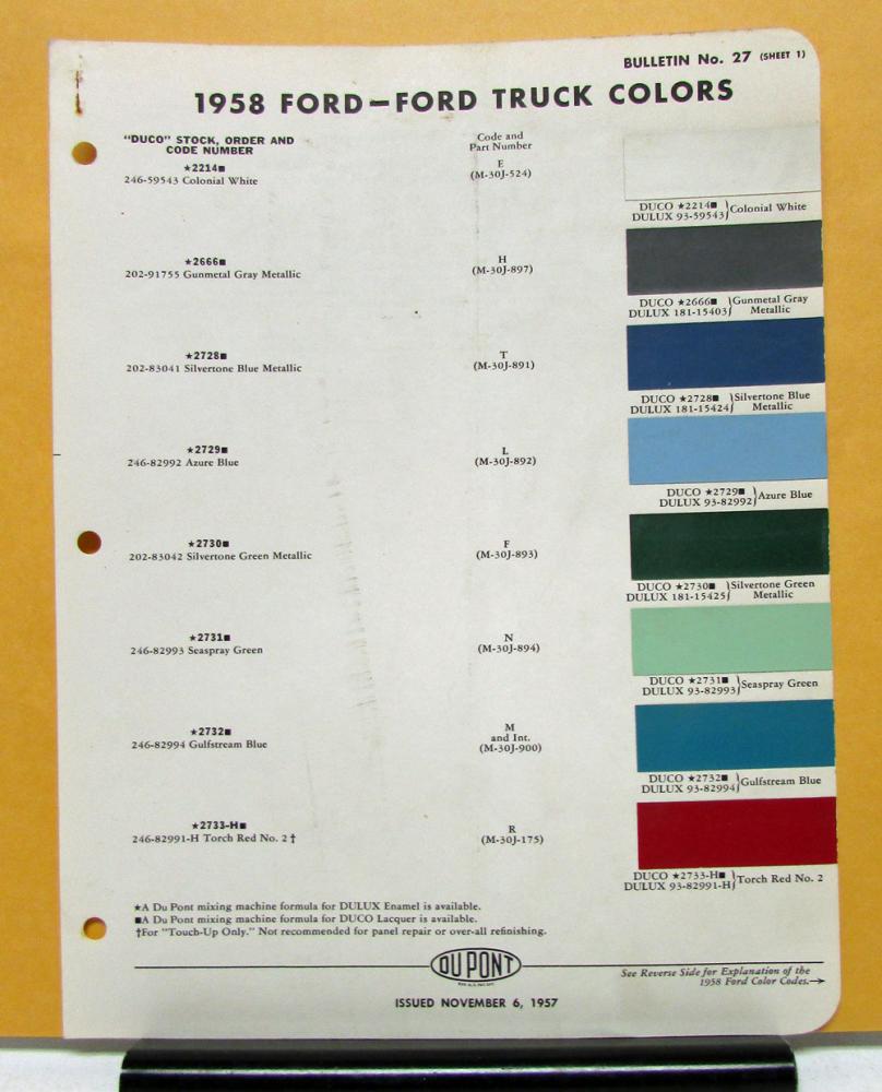1958 Ford Truck Paint Chips Bulletin Number 27