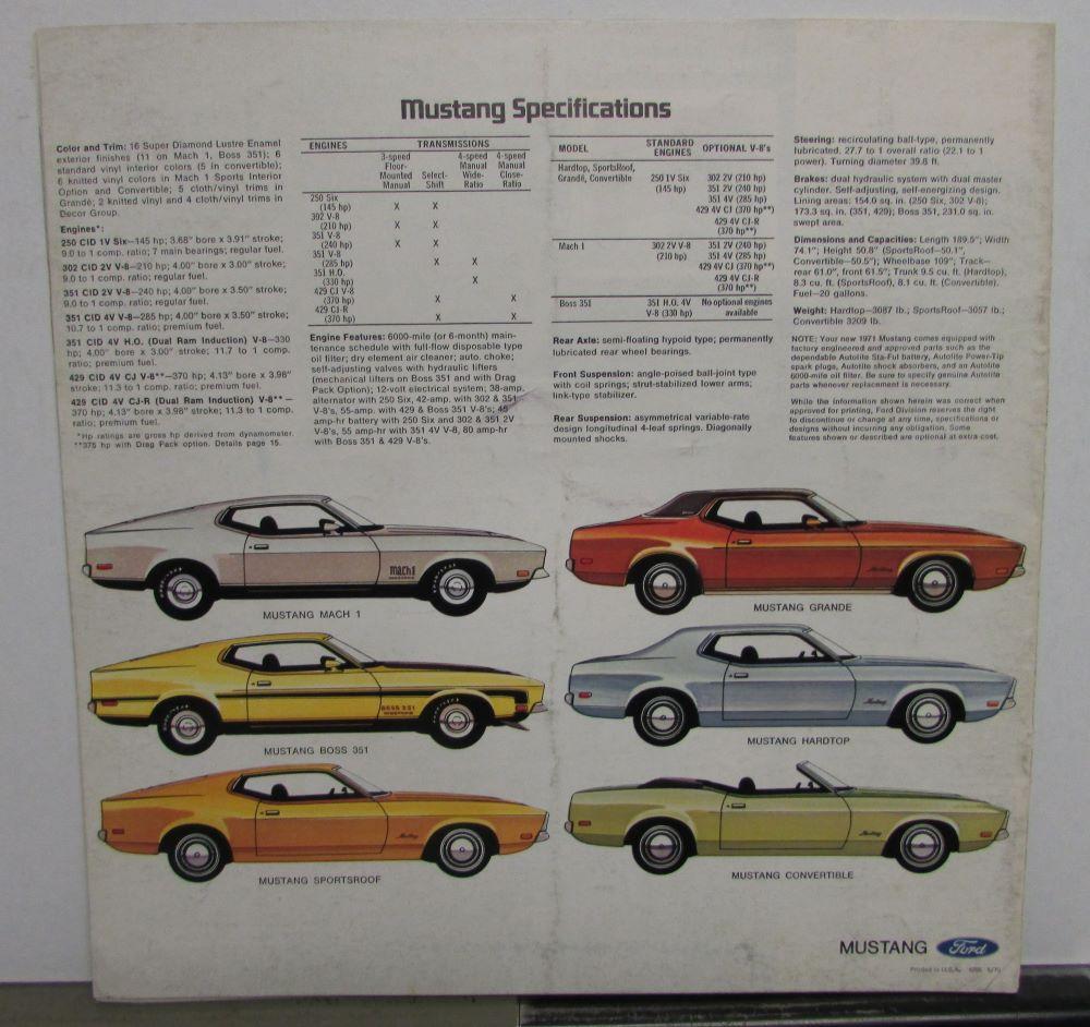 1971 Ford Mustang Mach 1 Boss Sportsroof Grande Convert Sales Brochure ...