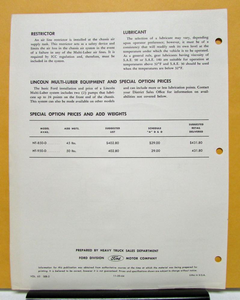 1965 Ford Truck Model NT 850 & HT 950 Sales Engineering Bulletin