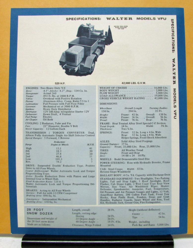 1984 Walter Truck Model VFU Snow Fighter Sales Brochure and Specifications