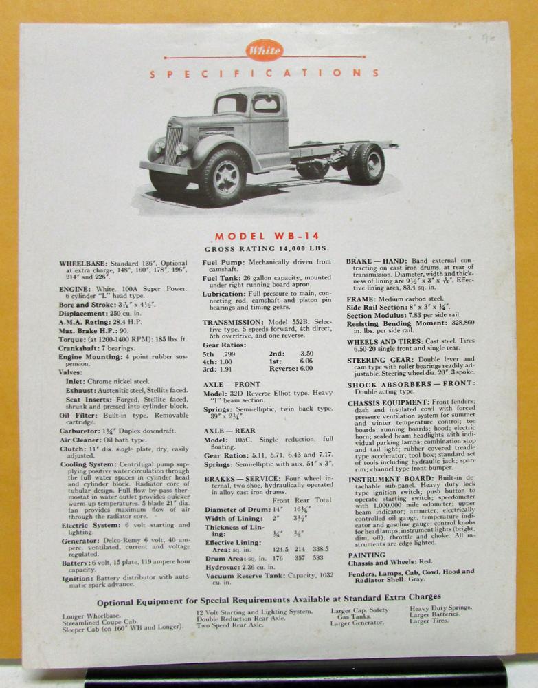 1946 White Truck Model WB 14 Sales Brochure & Specifications