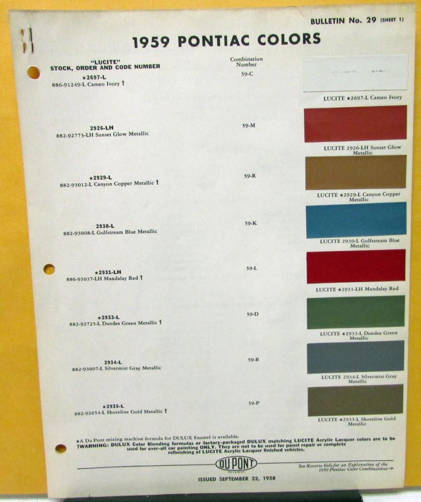 1959 Pontiac Color Paint Chips Leaflet Du Pont Bulletin #29 Original
