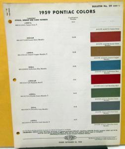 1959 Pontiac Color Paint Chips Leaflet Du Pont Bulletin #29 Original