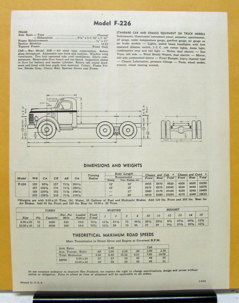 1951 REO Truck Model F 226 Sales Brochure & Specifications