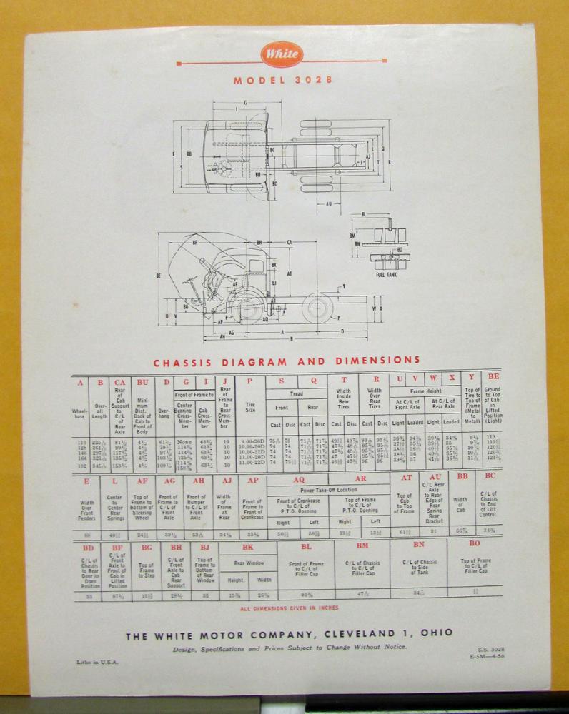 1956 White Truck Model 3028 Sales Brochure & Specifications