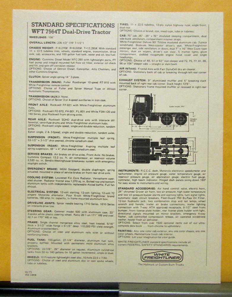 1974 White Freightliner Truck Model WFT 7564T Specification Sheet