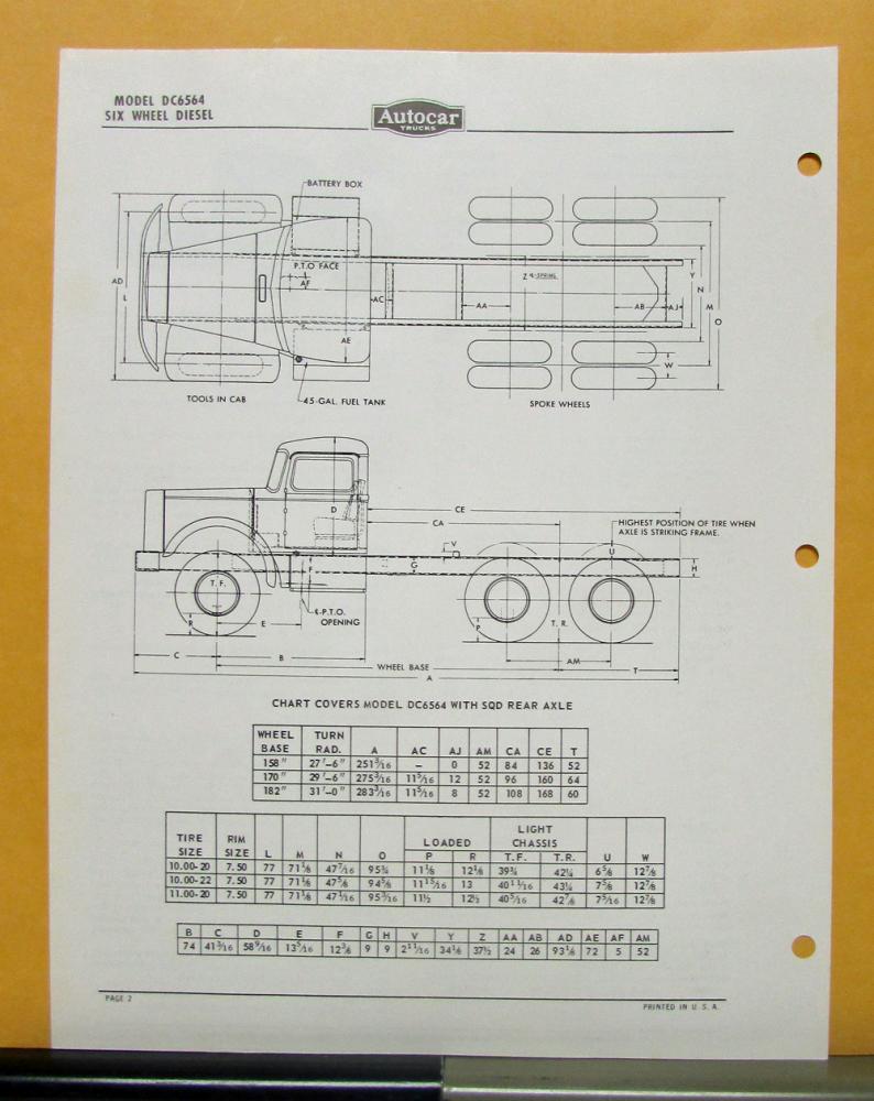 1958 Autocar Truck Model DC6564 Specification Sheet