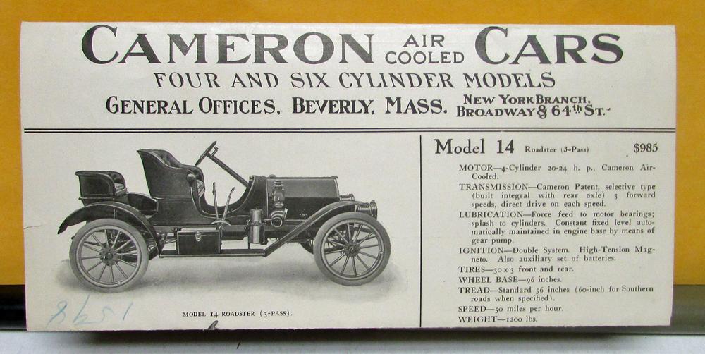 1907 1908 Cameron Air Cooled Cars Models 14 15 16 11 Sales Folder