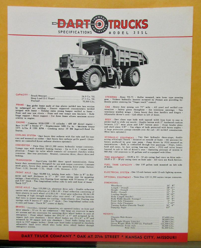 1955 1956 1957 Dart Truck Model 35SL Specification Sheet