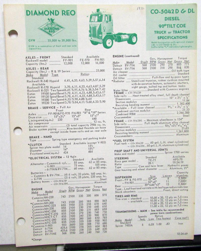 1970 Diamond REO Truck Model CO 5042D & DL Tilt COE Specifications Brochure
