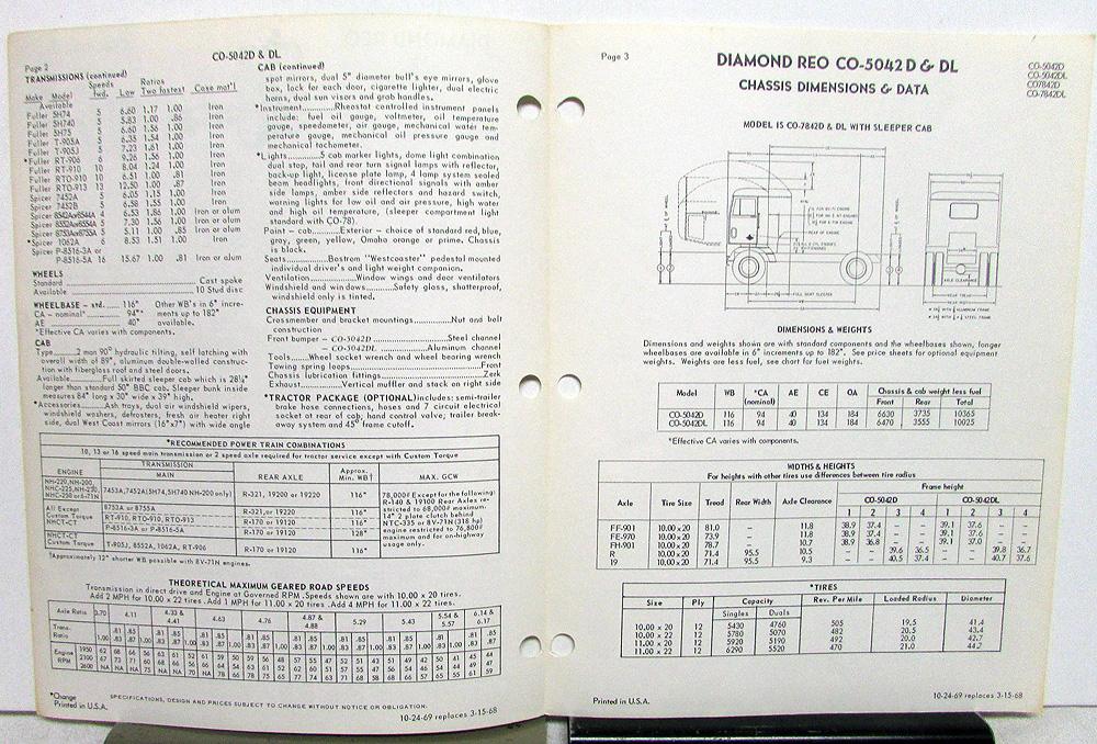 1970 Diamond REO Truck Model CO 5042D & DL Tilt COE Specifications Brochure