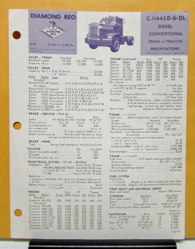 1969 1970 1971 Diamond REO Truck Model C 11442D & DL Specifications ...