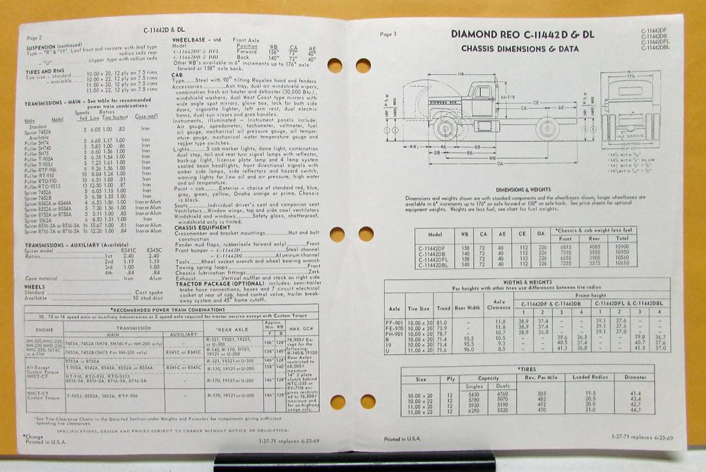 1969 1970 1971 Diamond REO Truck Model C 11442D & DL Specifications ...
