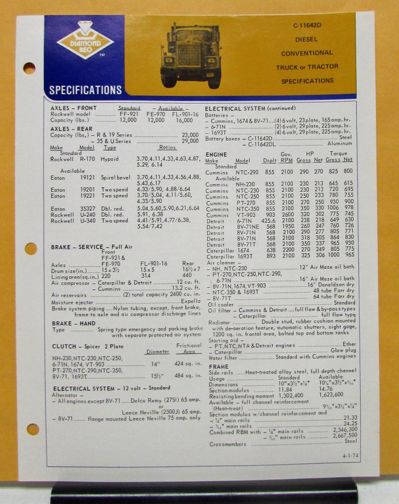 1974 Diamond REO Truck Model C-11642D Specifications Brochure