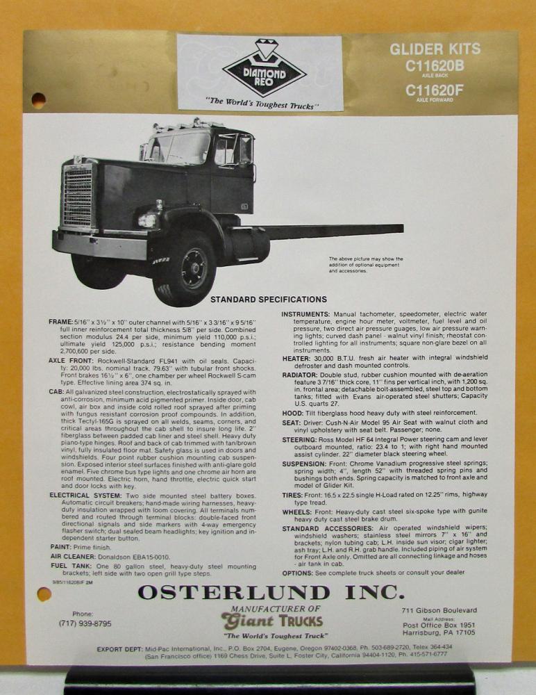 1981 1982 Diamond REO Truck Model C11620B & F Glider Kits Specification ...
