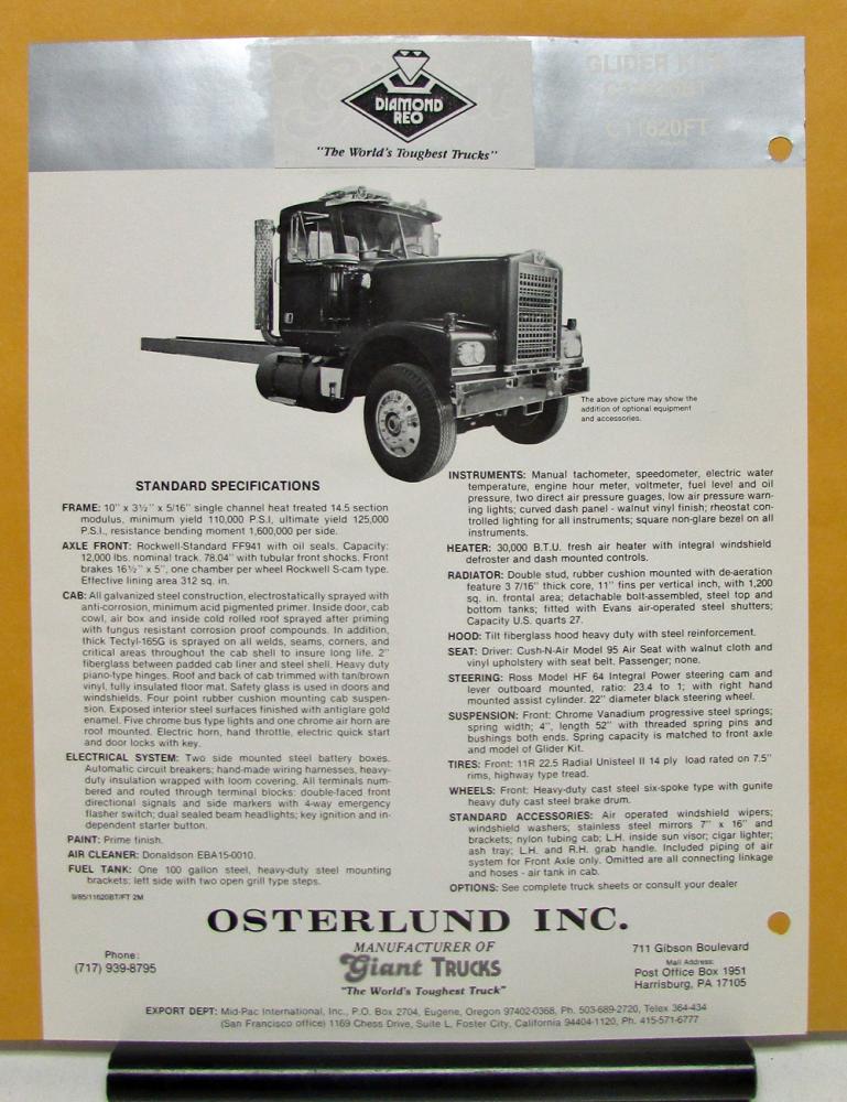 1981 1982 Diamond REO Truck Model C11620B & F Glider Kits Specification ...