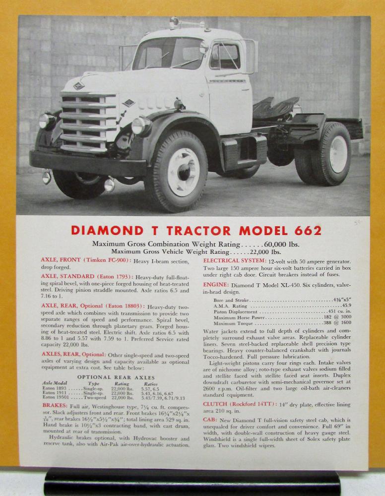 1954 Diamond T Truck Model 662 Specification Sheet