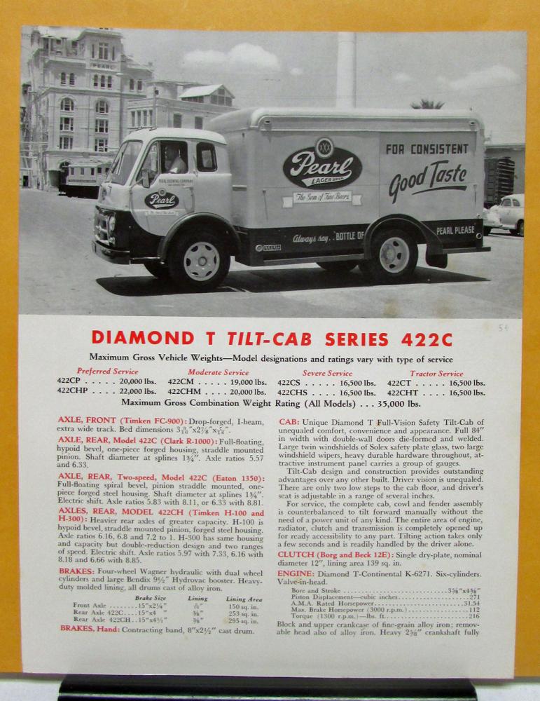 1954 Diamond T Truck Model 422C Tilt Cab Specification Sheet